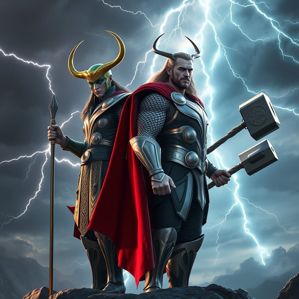 Gods of Asgard Unite: Loki and Thor Stand Ready - AI Art