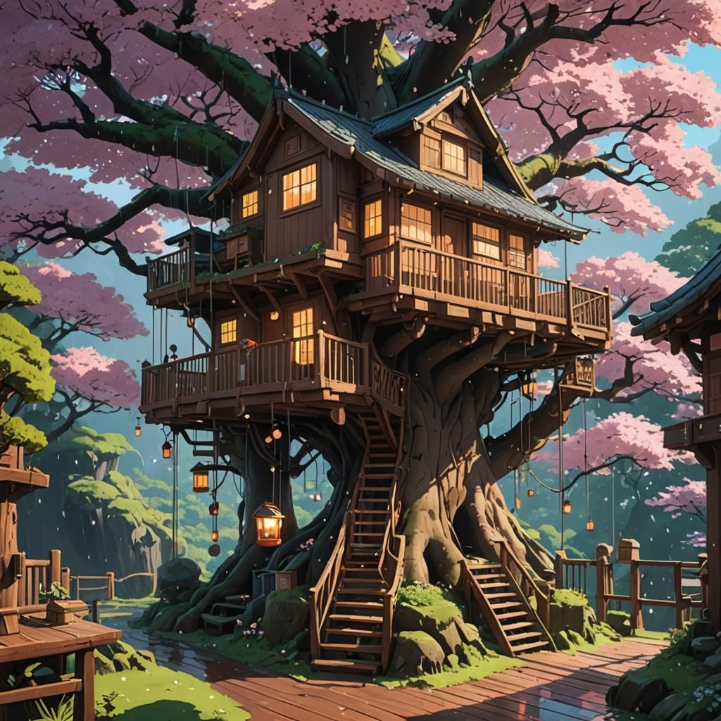 Naturepunk Sakura Treehouse - AI Generated Artwork - NightCafe Creator