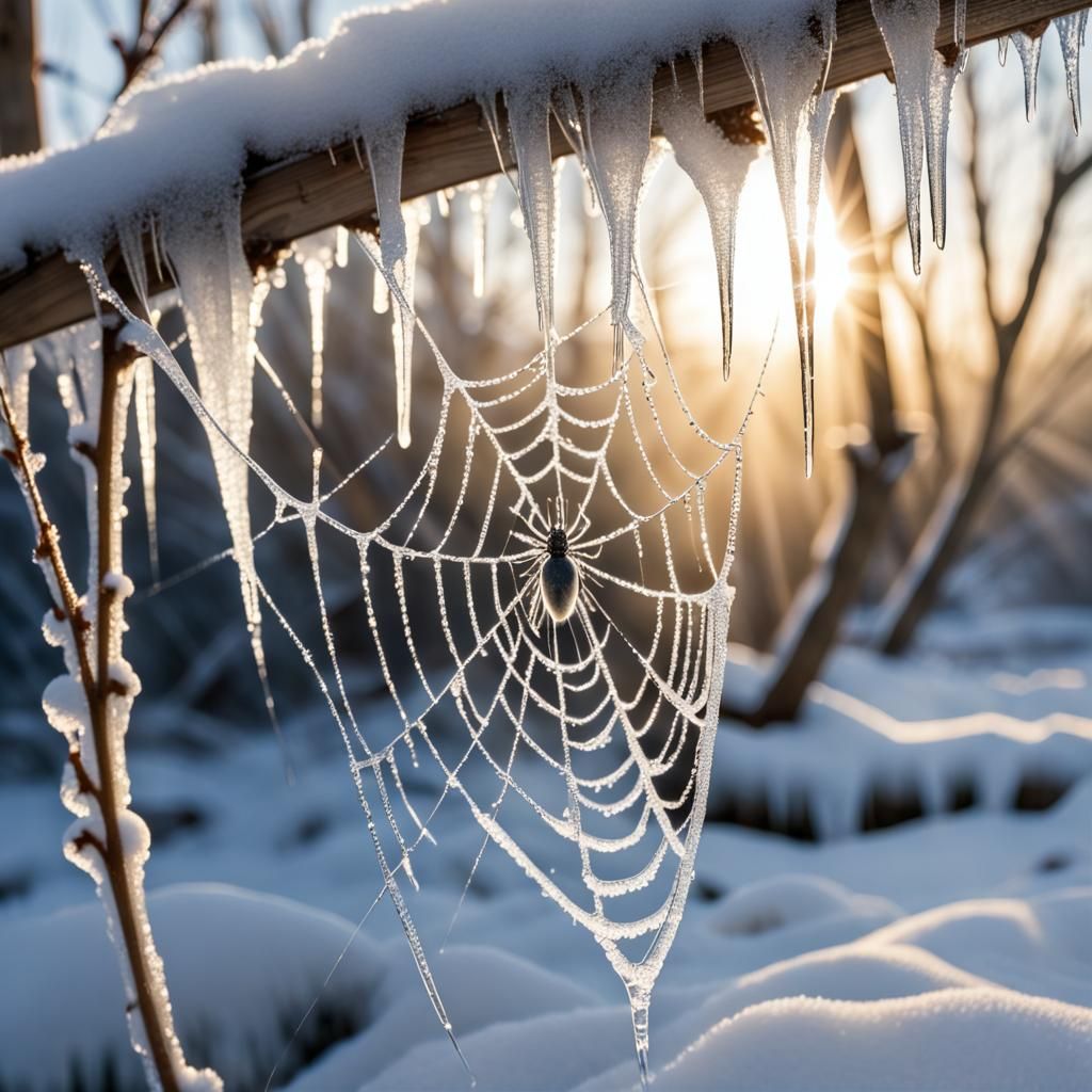 A frozen spider-web hanging from a snowy branch - AI Generated Artwork ...