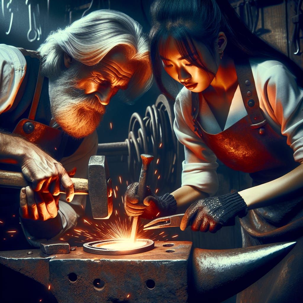 A master ferrier showing his protege how to forge a horseshoe using an ...