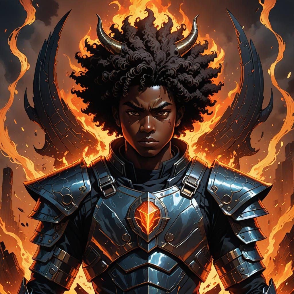 Powerful African Teenager in Dark Hellfire Armor w... - AI Art