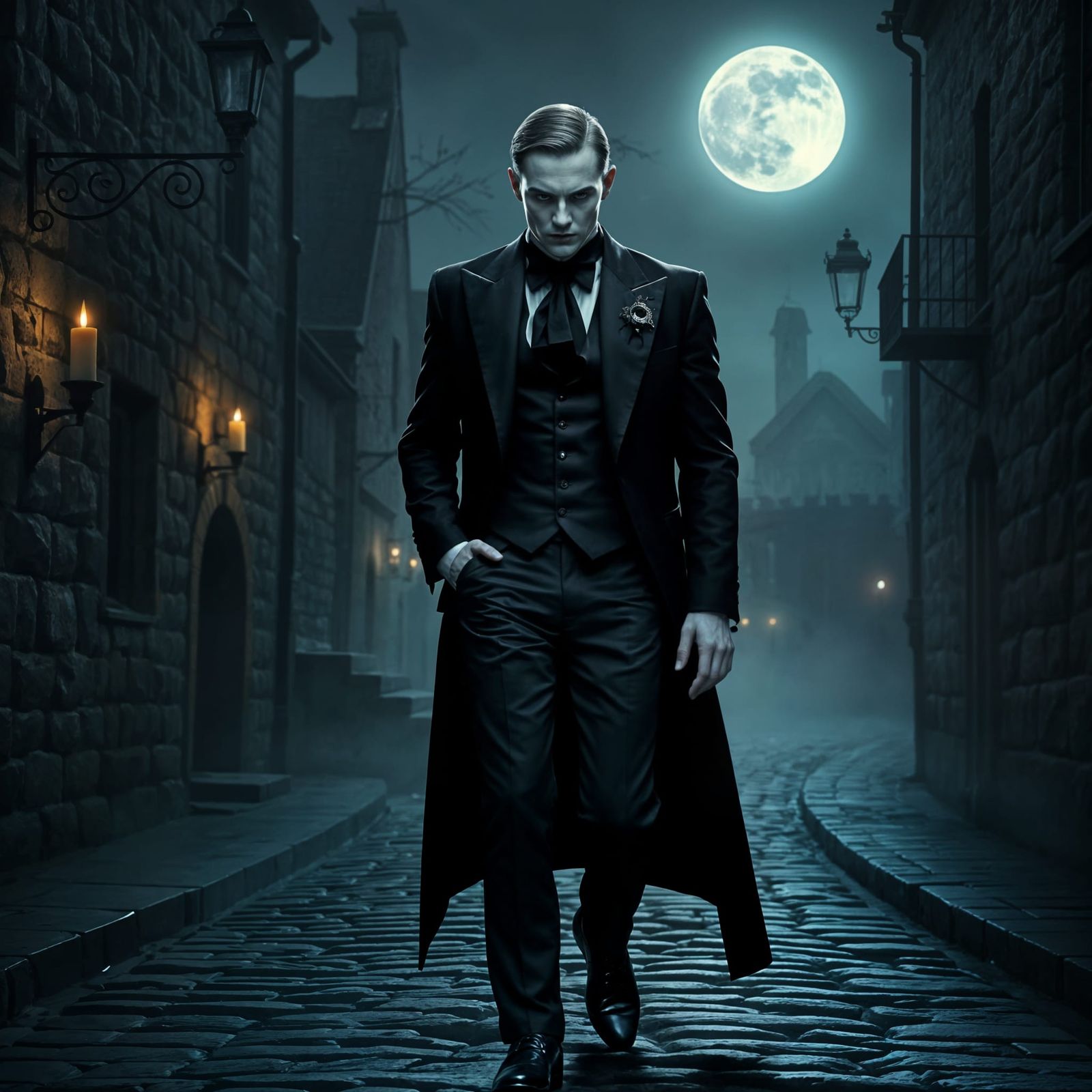 Moonlit Dread - Moonlit Vampire Stalks Shadows in Gothic Str...