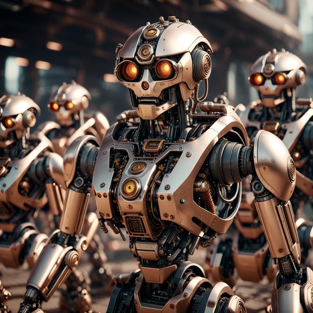 AN ARMY OF ROBOTS intricate mech details, ground level shot, 8K ...