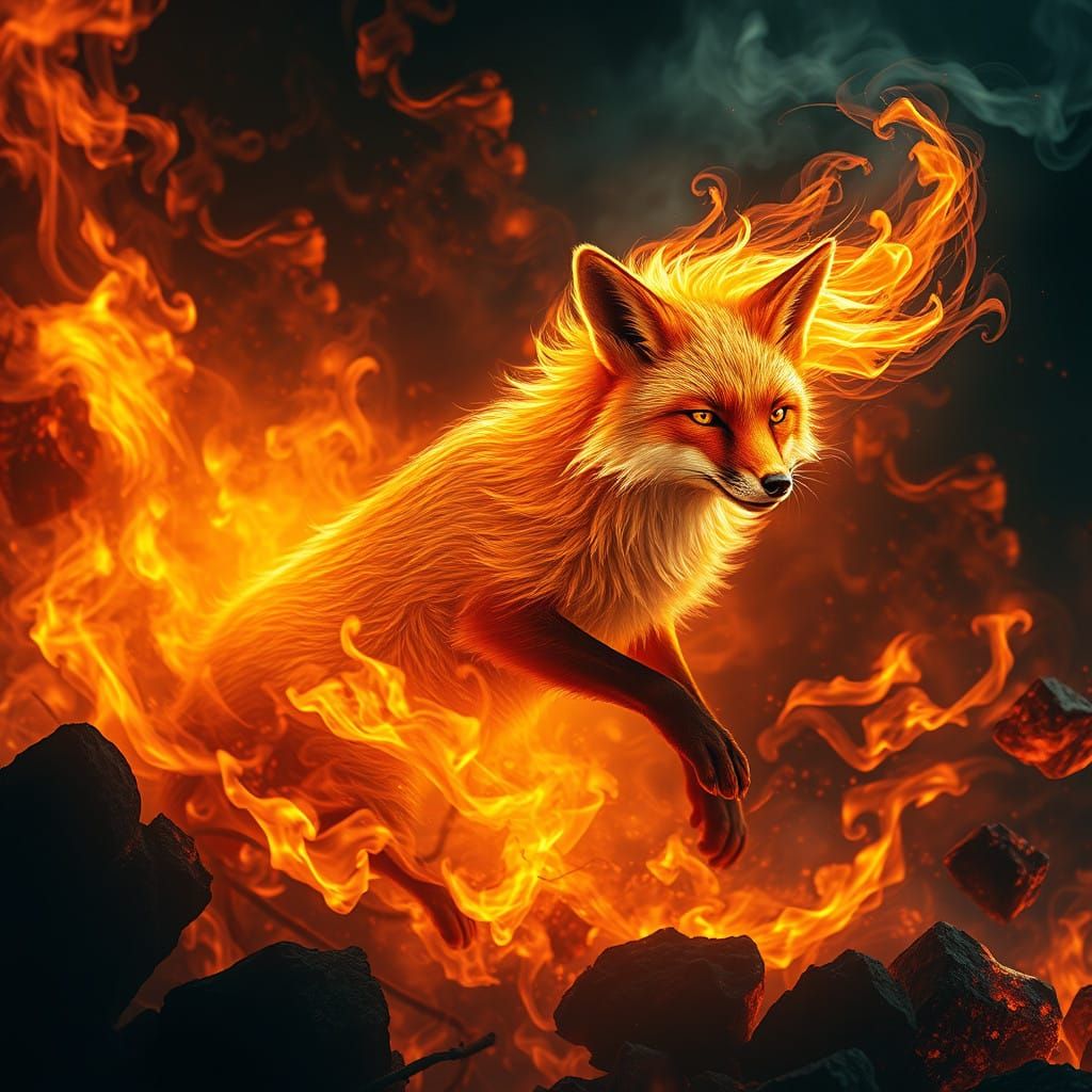Surreal Fox Emerges from Fiery Abyss in Dark Fanta... - AI Art