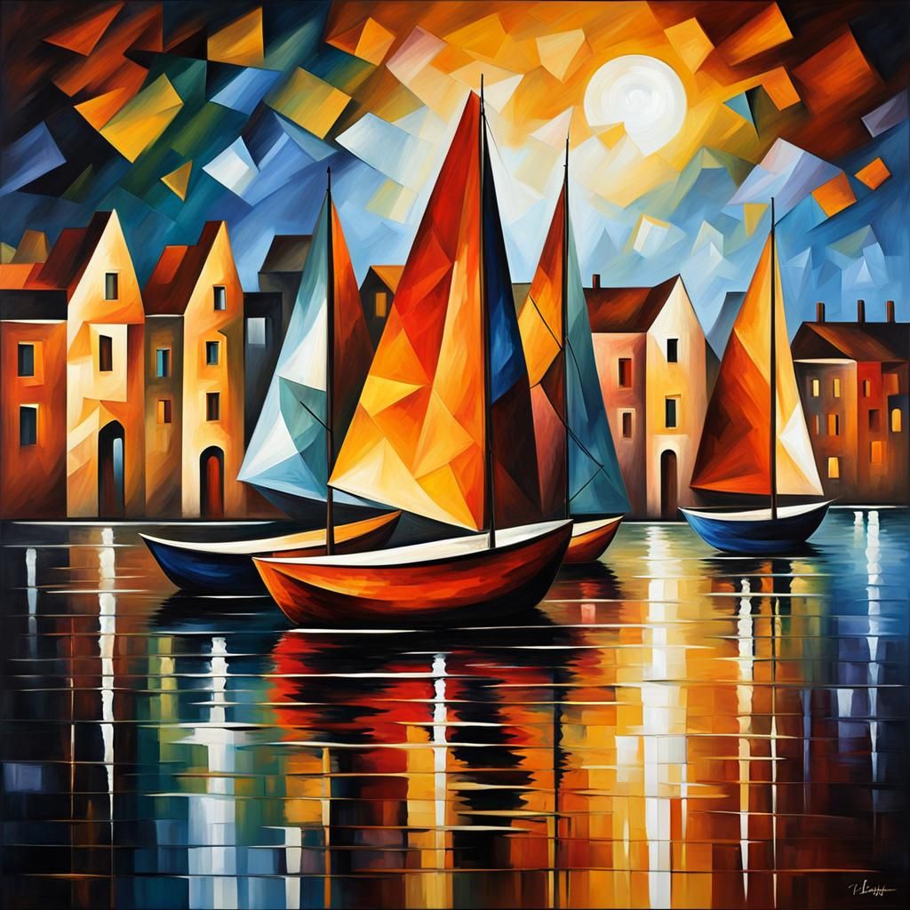 - Painting depicts boats in a body of water in a cubist style ...