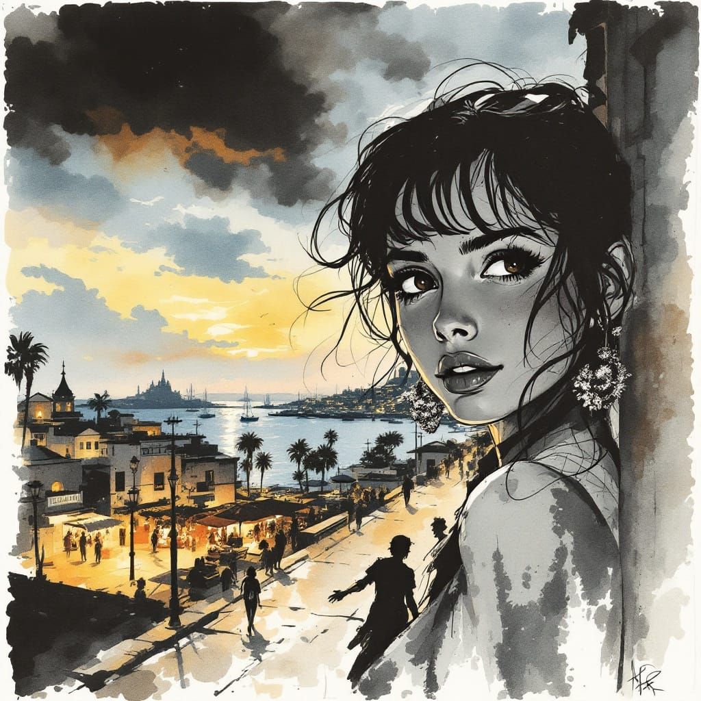 Hugo Pratt inspired ink and wash artwork