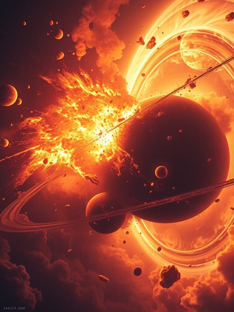 A Collision of two planets. Cataclysmic and awe in... - AI Art
