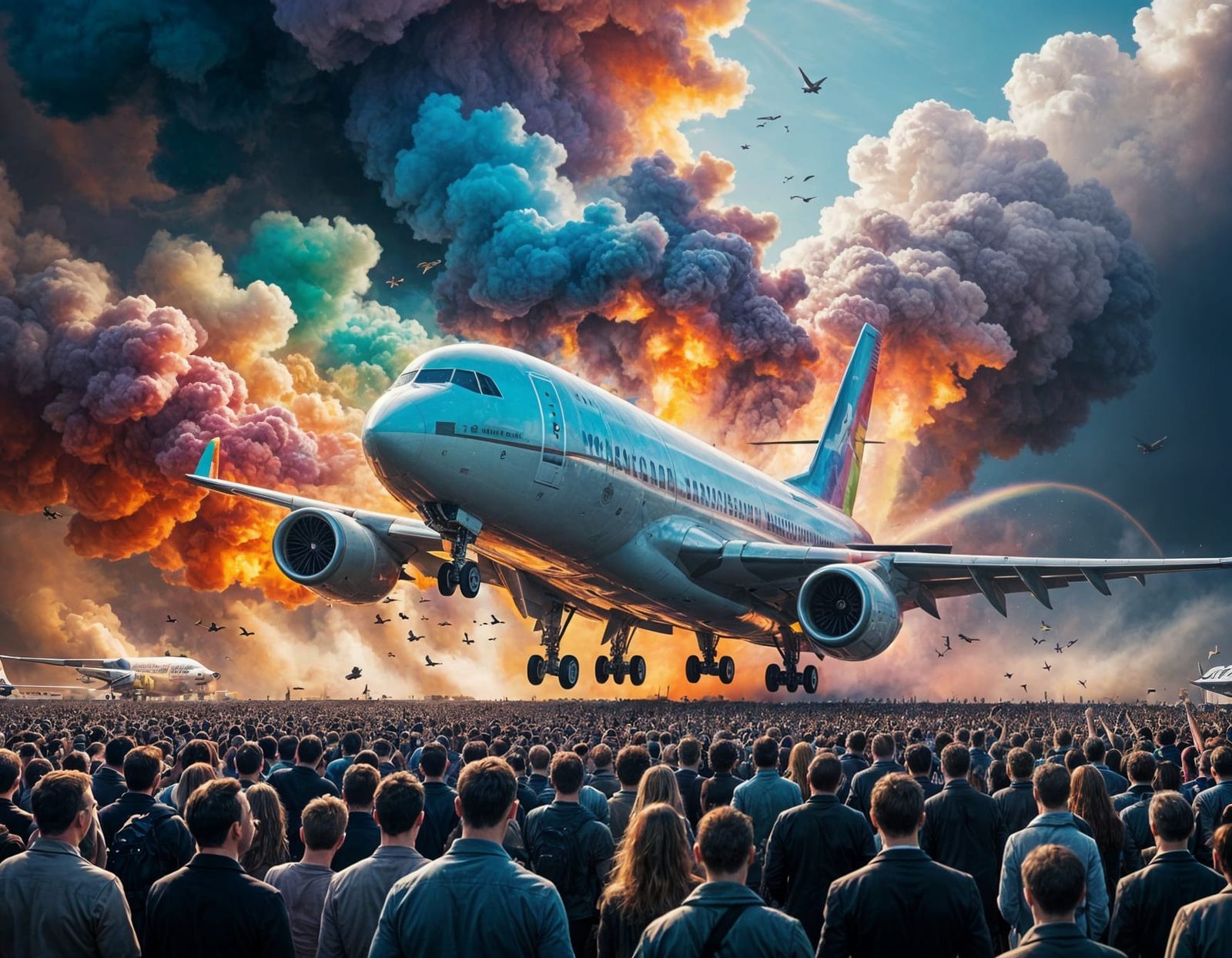 A super sized double decker 24 engine Jumbo Jet spewing rainbow smoke ...