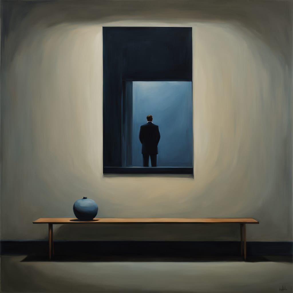 Lone Figure in a Dimly Lit Room, Precisionist Oil ... - AI Art