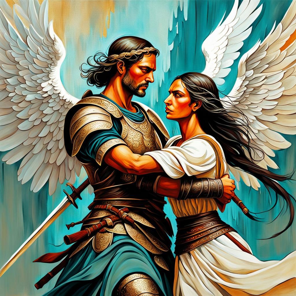 A warrior angel protecting woman he loves - AI Generated Artwork ...