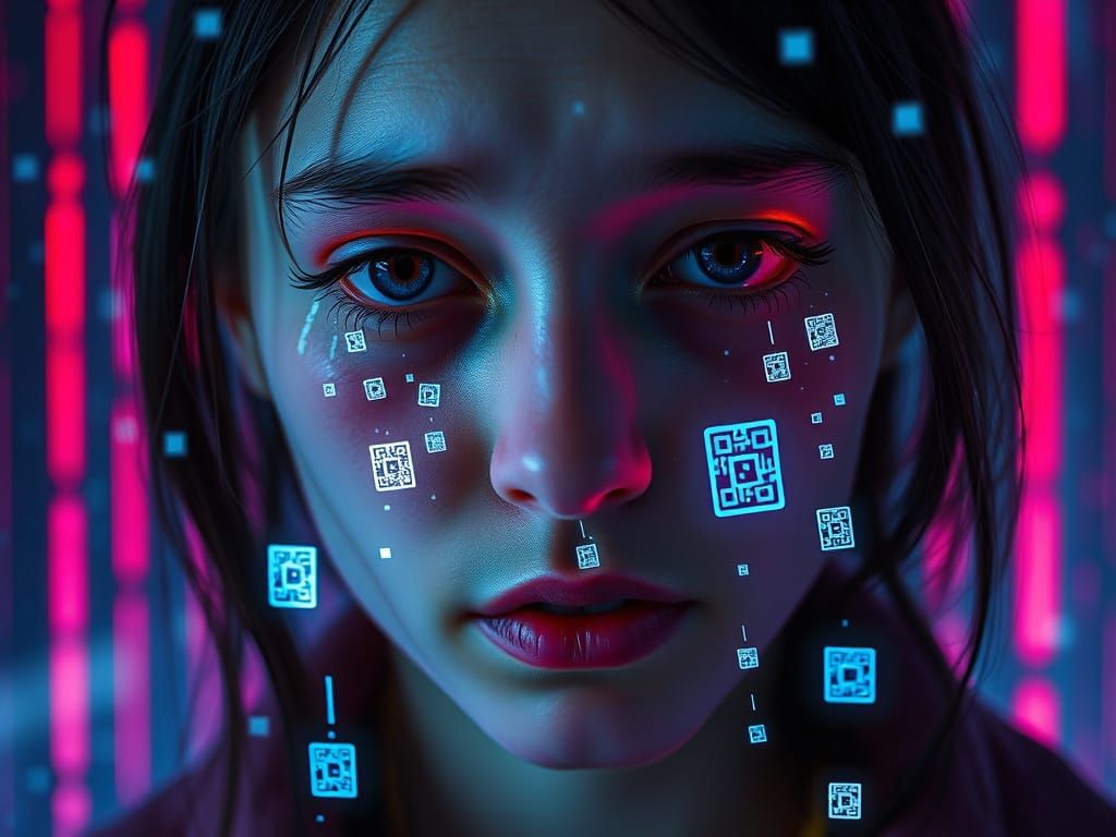 Glitch-art portrait where her tears are tiny falling QR codes.