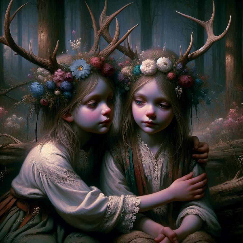 "two lonely little ghost girls with antlers with flowers comforting ...