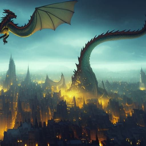 Giant dragon burrowing into city at night - AI Generated Artwork ...
