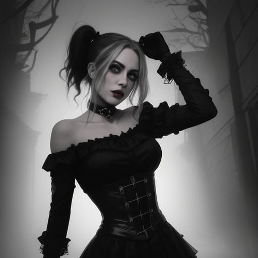 Harley Quinn as a Goth in the street.