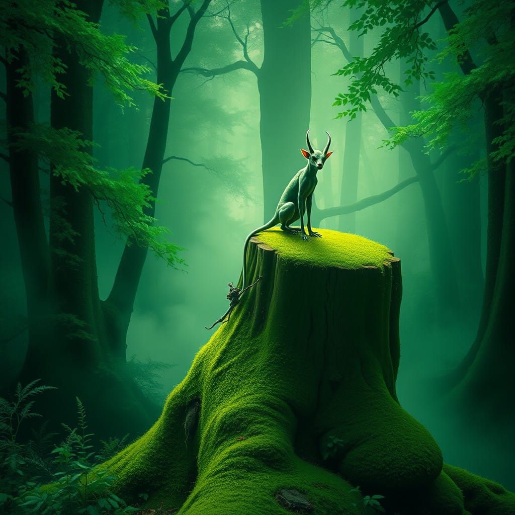 Emerald Creature on Ancient Tree Stump in Lush Gre... - AI Art