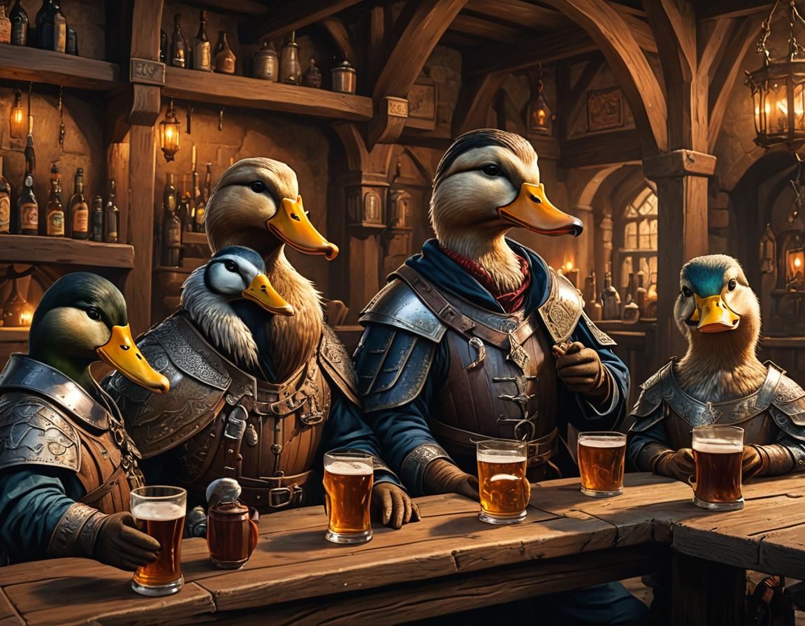 several ducks wearing medieval grocks drinking in a medieval ale house ...
