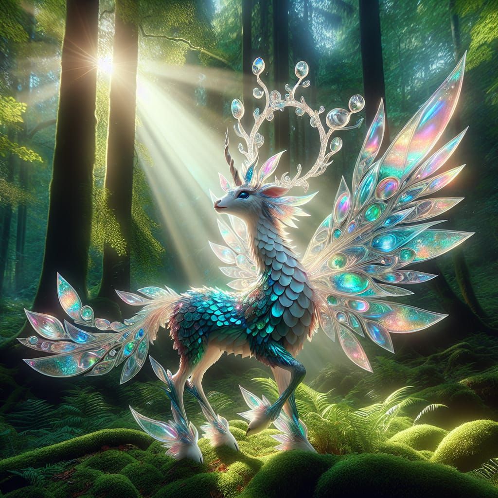 An ethereal, mythical creature with iridescent scales and wings stands majestically in a sunlit ...