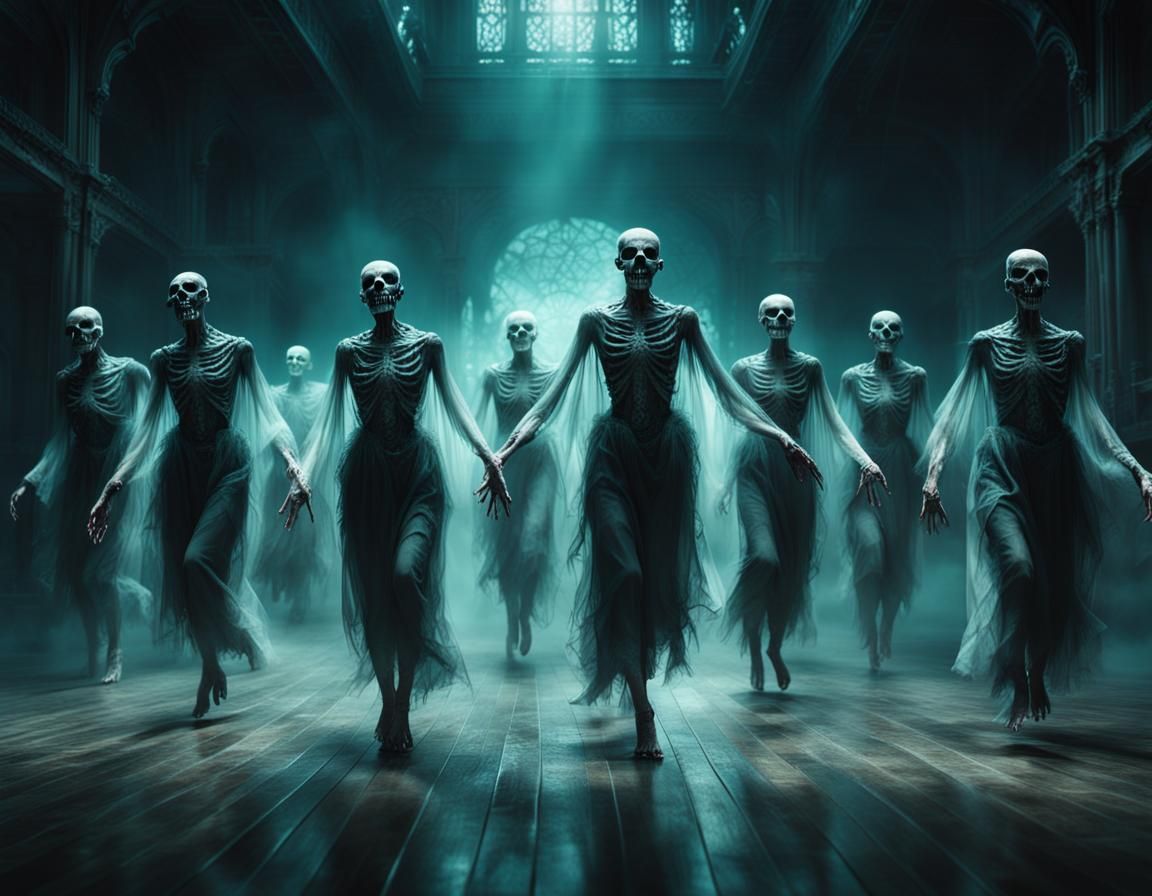 Beautiful dance of translucent transparent zombies, dark haunted stage ...
