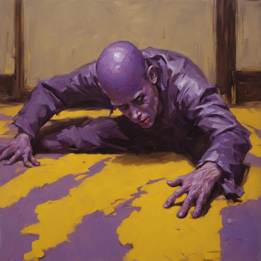 violet man, soft, on the yellow floor like a stain, dirty brown walls ...