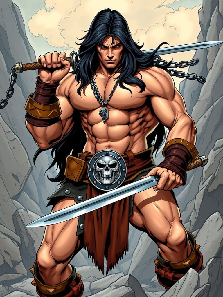 Muscular Conan the Barbarian in Combat Pose - AI Art