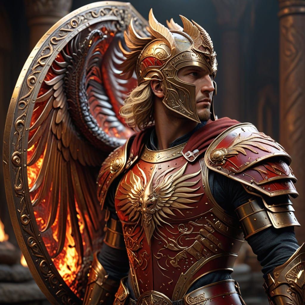 Epic Dark Fantasy Knight in Gold and Red Armor, Ho... - AI Art