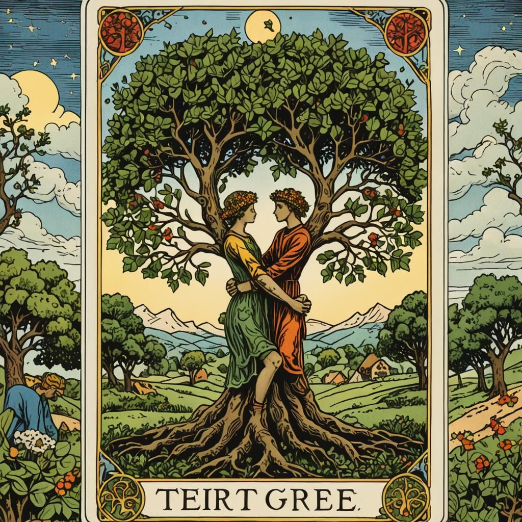 a street tree tarot card in the riderwaite style depicting two ...