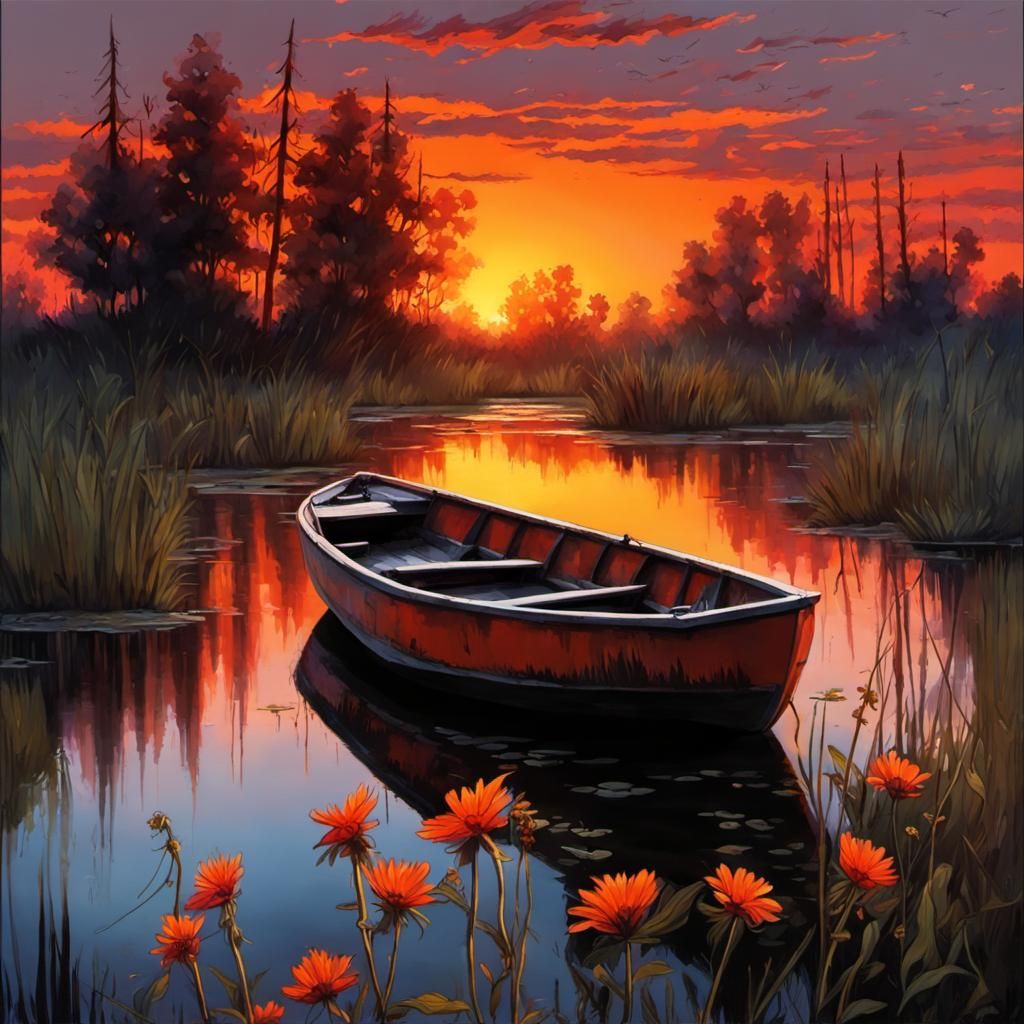 A stunning Bright orange sunset, a small boat on a swampy river ...