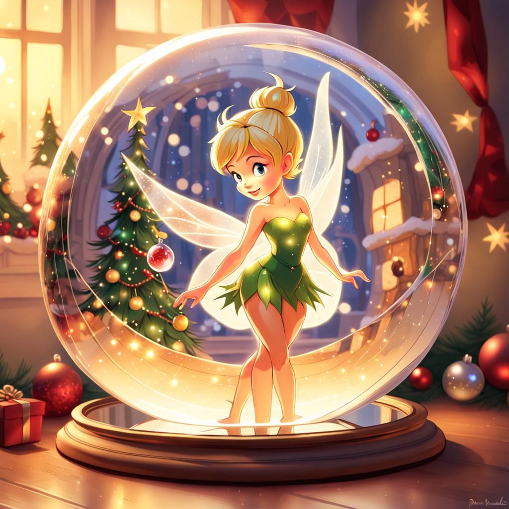 Tinkerbell looking at herself in a Christmas miror ball ; 2D cartoon ...