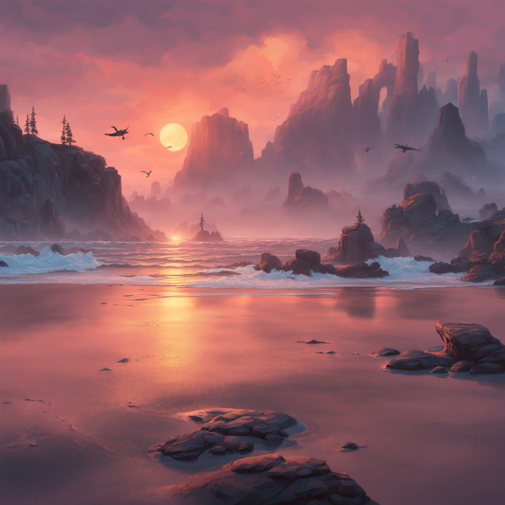 a beach Sight to see - Majestic Beach Sunset in Dreamy Digi...