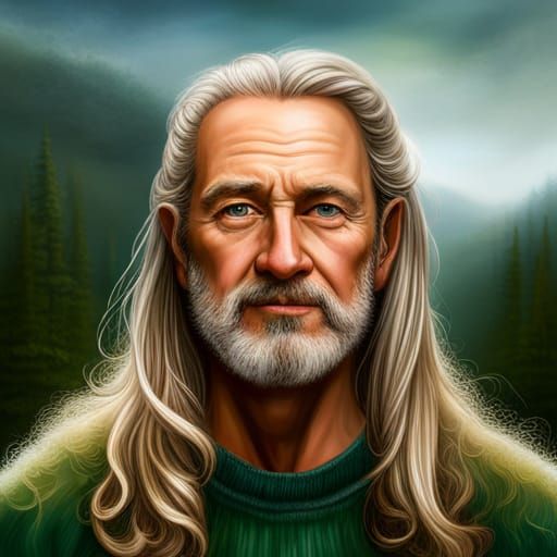 full portrait, beautiful German older man with very long flowing blonde ...