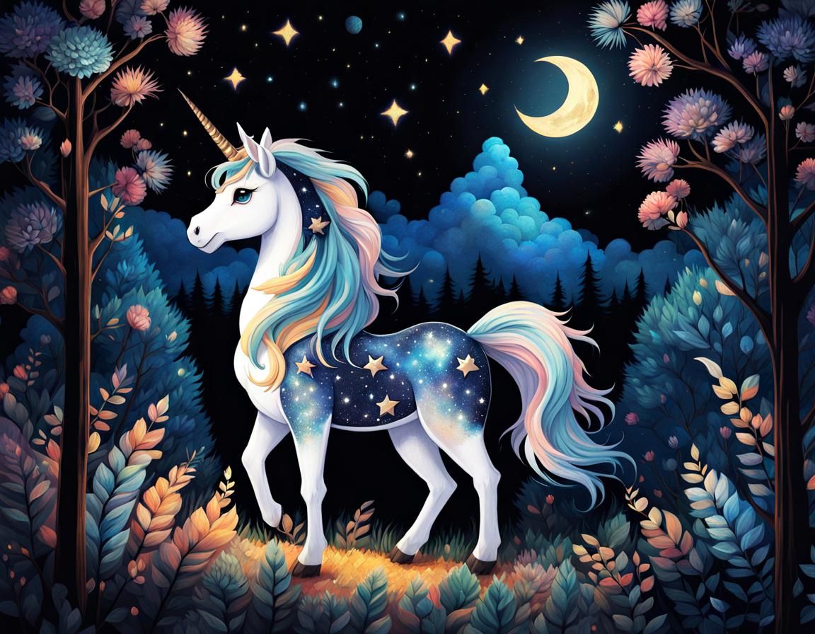 "an adorable chibi unicorn pokemon in a dark, forest, dark starry night ...
