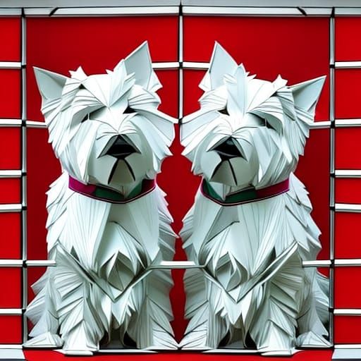 Stained Glass window of 2 Westies Origami paper folds papercraft, made ...