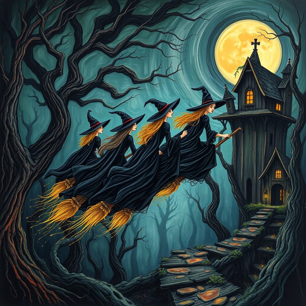 Witches Ride Magic Broomsticks Through Enchanted D... - AI Art