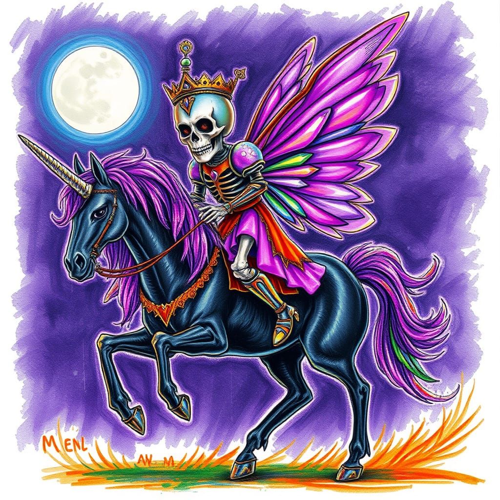 Crude, child-like child-like drawing drawing of an female armoured sugar skull skeleton Fairy ...