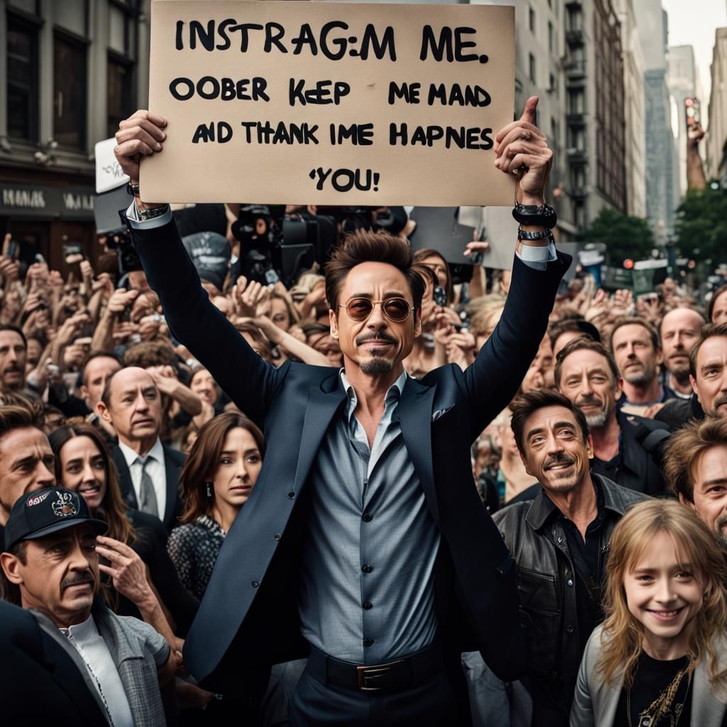 ROBERT DOWNEY JR. holding up a SIGN, that says "INSTAGRAM GOT ME SOBER ...