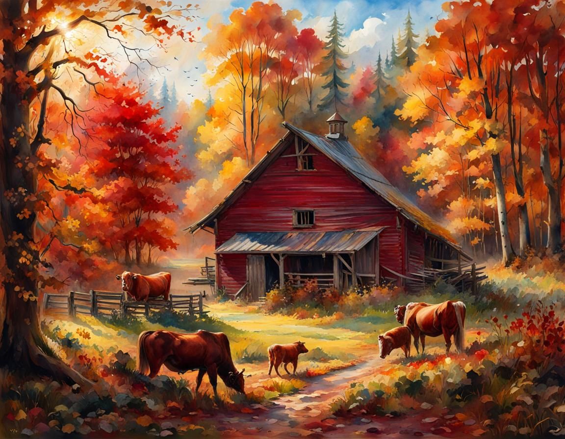 pastoral autumnal scene on elaborate farm with two cows and a red barn ...