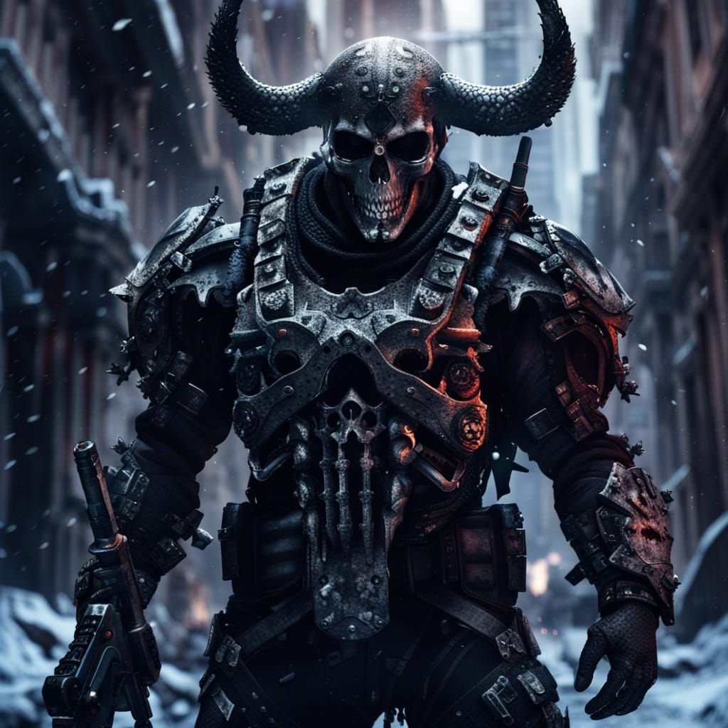 Male soldier metal horned skull face wearing heavy black tactical armor ...