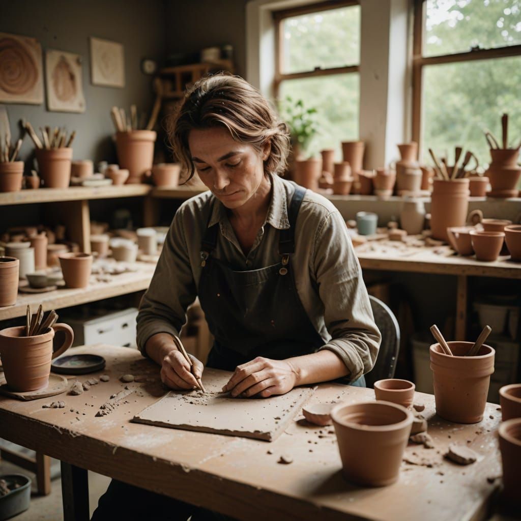Artists at Work in Cozy Clay Studio - AI Art
