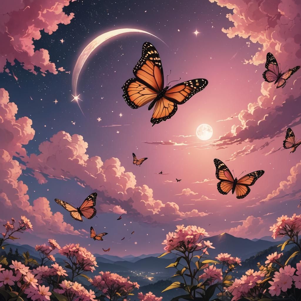 Butterflies flying into the pink sunset - AI Generated Artwork ...