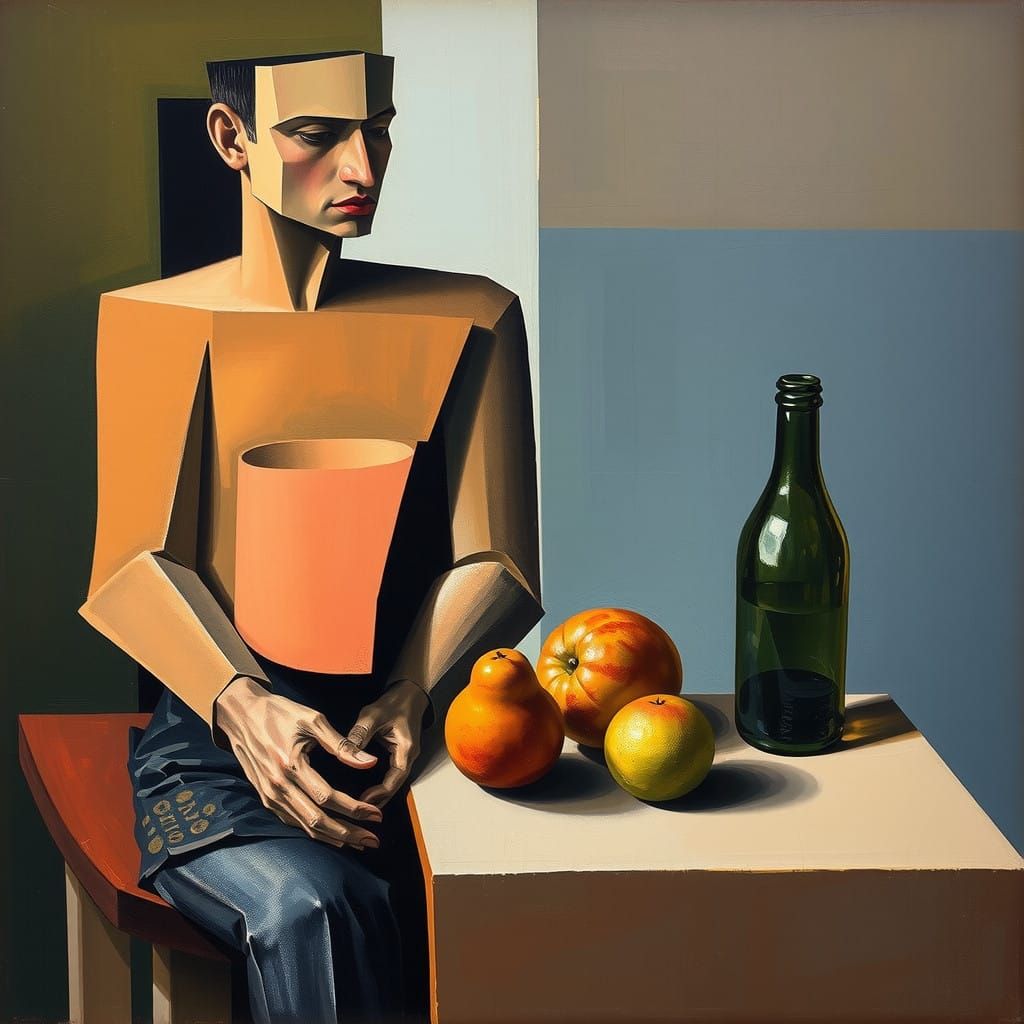 Cubism painting. Blocky, fractured forms depict a figure. Muted ochres ...