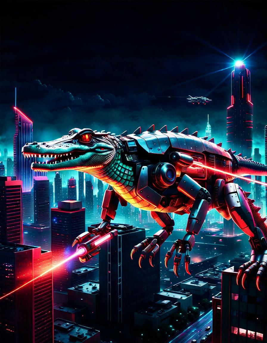 Cyberpunk Flying Robot Alligator in Neon City Skie... - AI Art