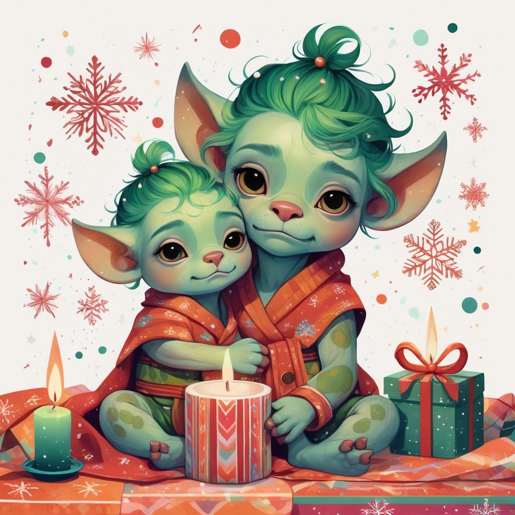 cute baby orc looking in wonder at a Christmas present that has a cute ...