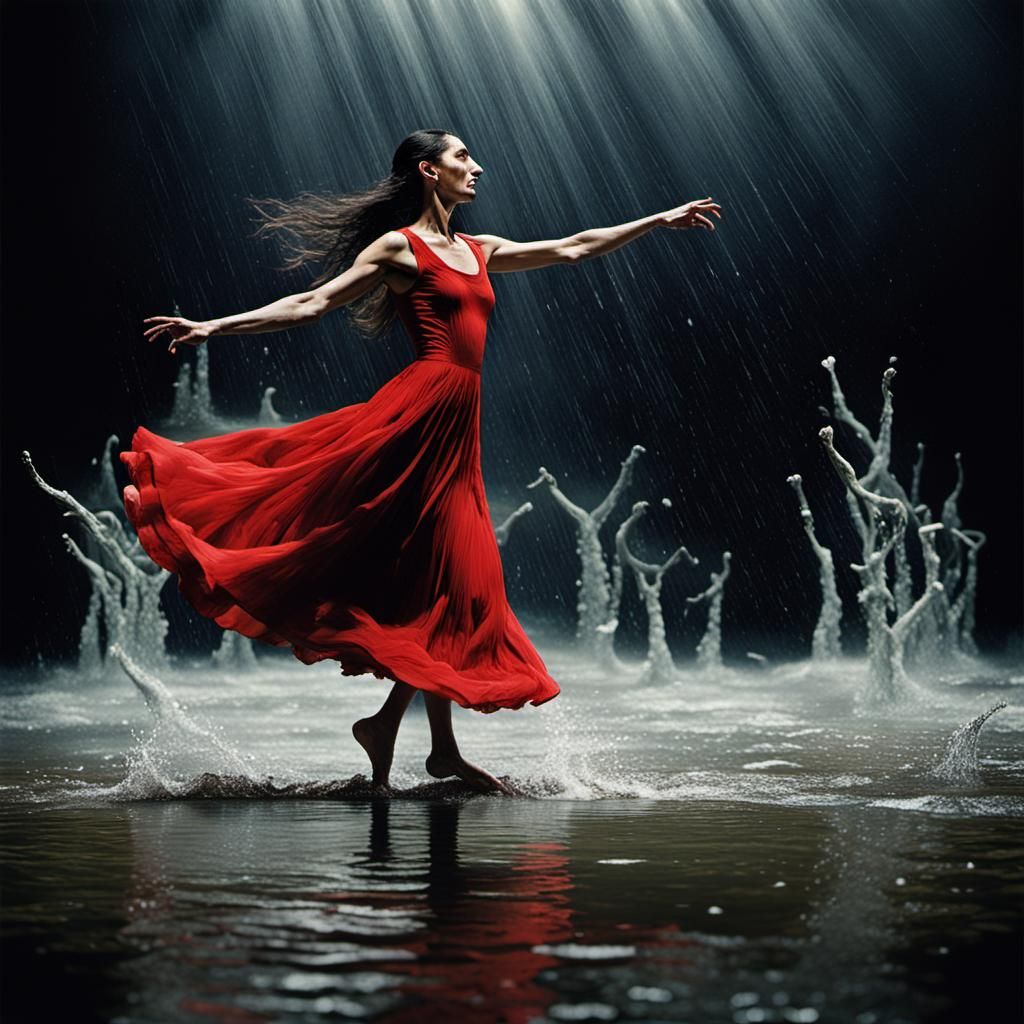 Pina Bausch, in a red dress, dancing on a stage full of water. extra ...