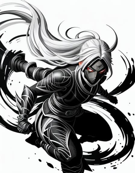 mythical female ninja, character design, sumi-e inspired ink lines