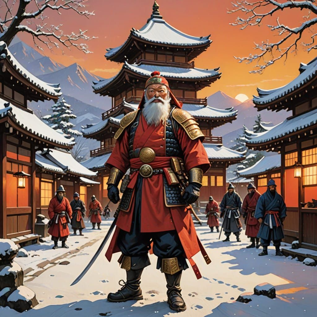 Jovial Santa Samurai and His Dwarf Ninjas in a Nor... - AI Art