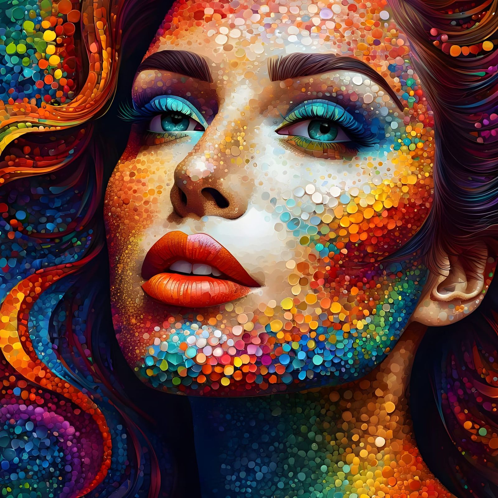Vibrant Pointillism Portrait of a Young Woman - AI Art