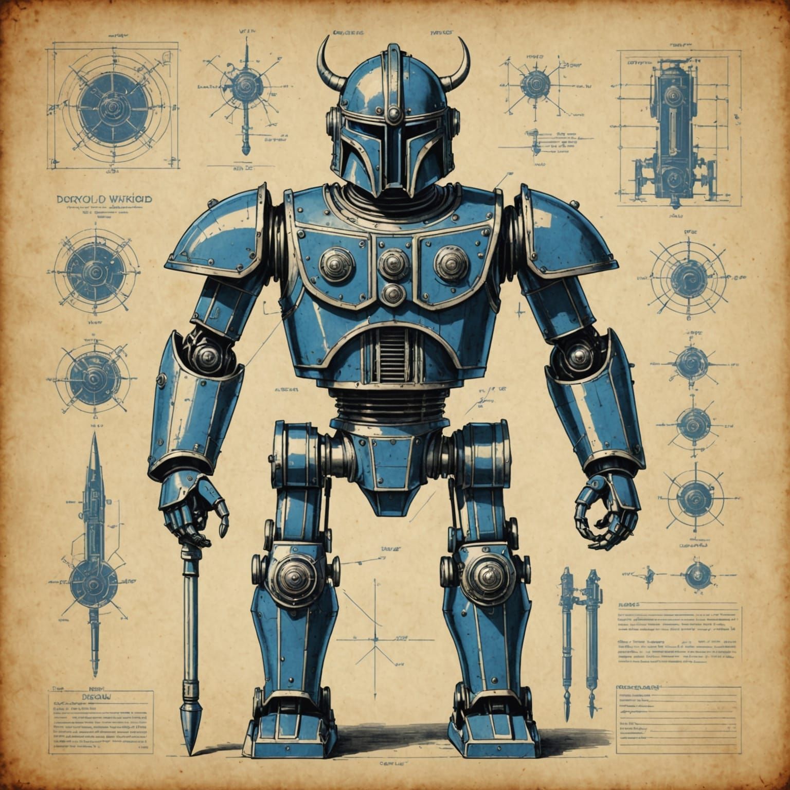 Ancient Viking Robot Warrior Blueprint in Vintage ... - AI Art