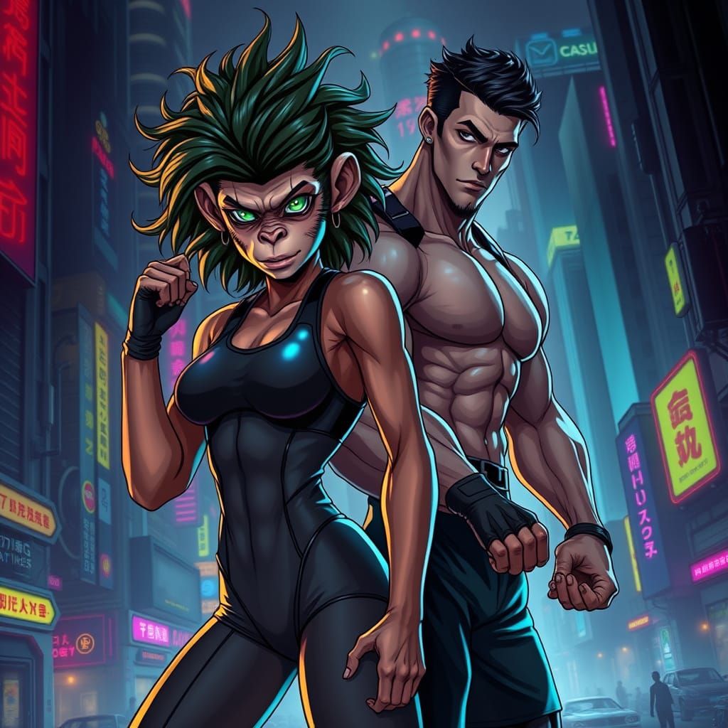 Cyberpunk Humanoid Monkey Woman and Chiseled Hero - AI Art