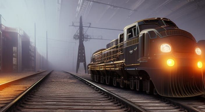 Western locomotive, steam, neon sgns intricate mech details, ground ...