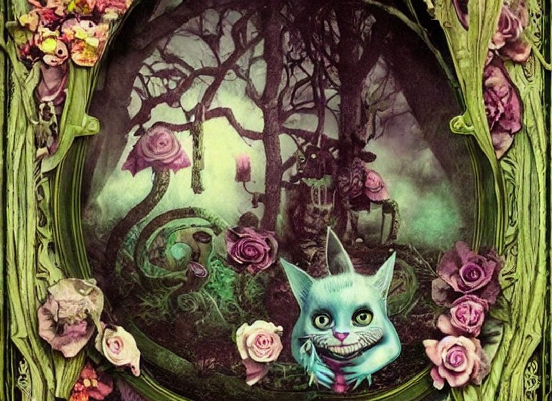 Alice in Wonderland but it’s a creepy scene with a haunted Cheshire Cat ...